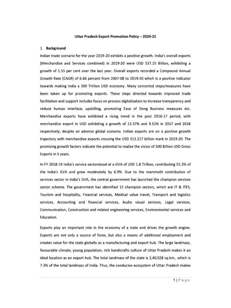 UP Export Promotion Policy 2020 25 | PDF