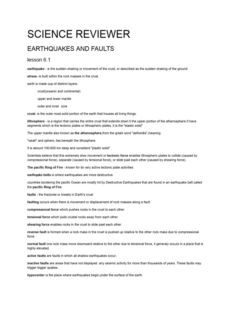 SCIENCE 8 REVIEWER | PDF | Seismology | Earthquakes
