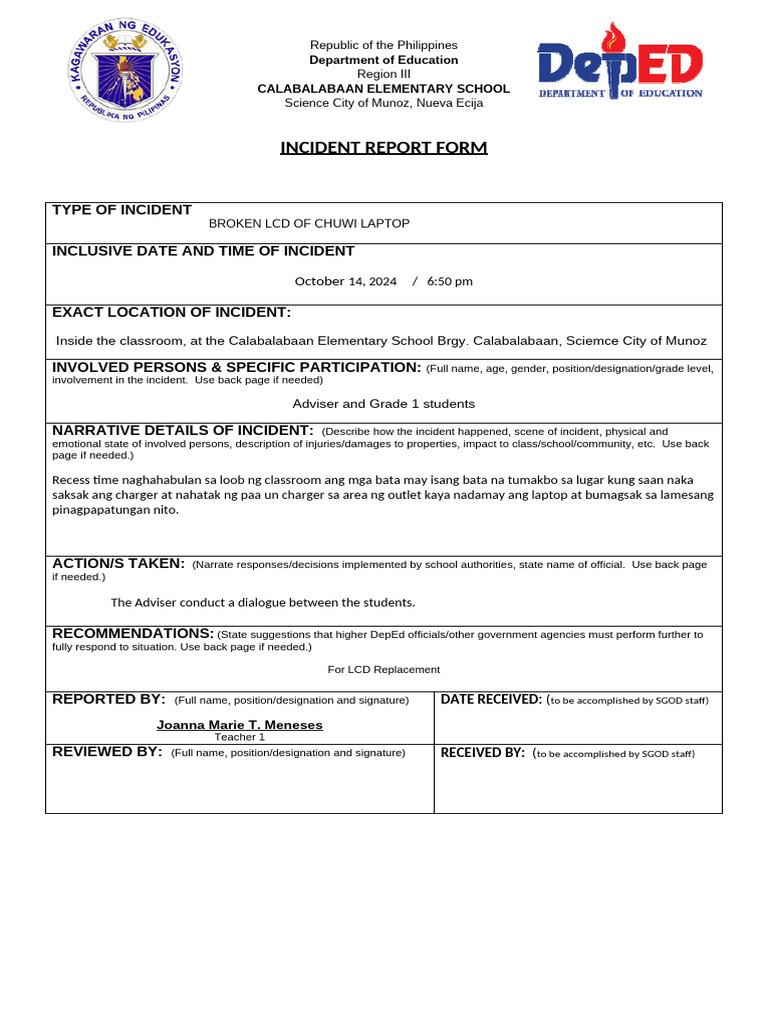 Incident Report: Broken LCD Laptop | PDF