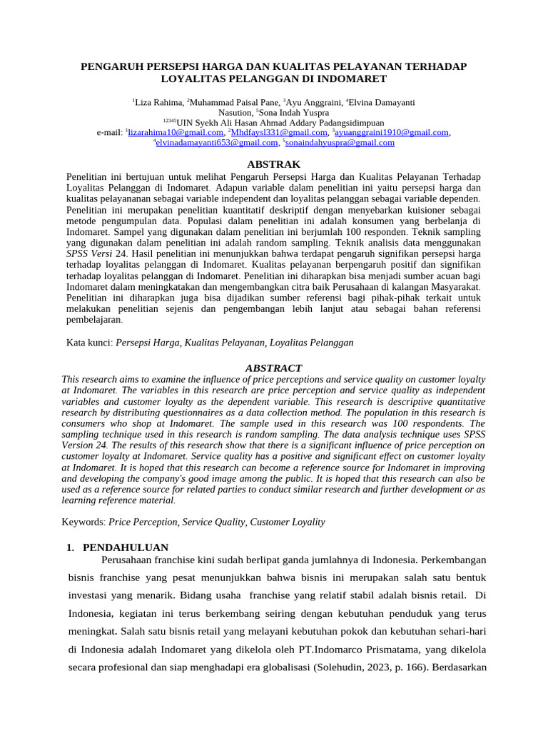 pengaruh persepsi harga dan kualitas pelayanan terhadap loyalitas pelanggan indomaret | PDF