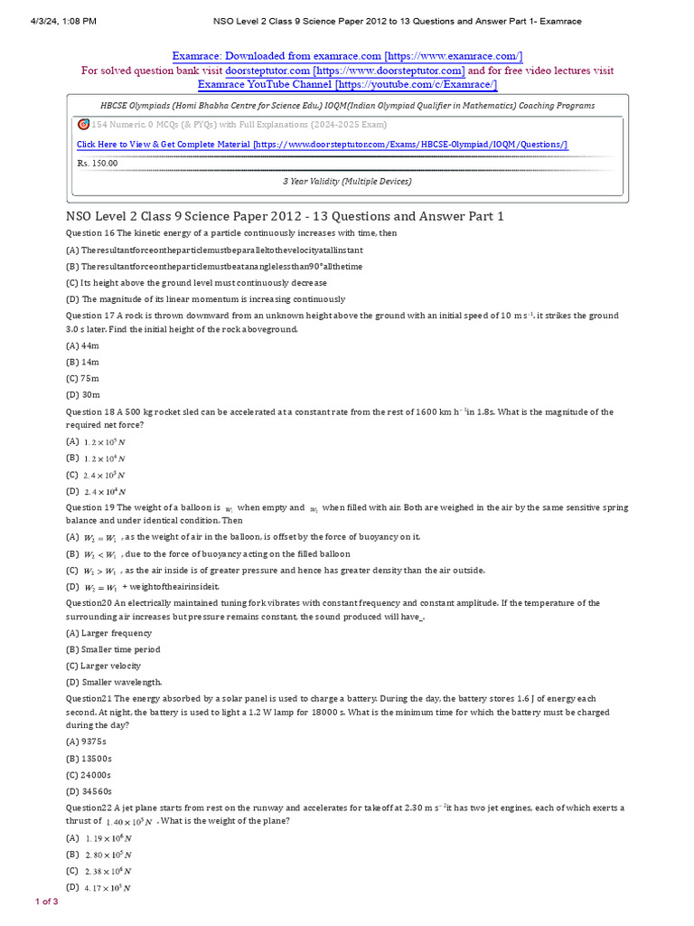 NSO-Level-2-Class-9-Paper-2012-13-Part-1 | PDF | Force | Light