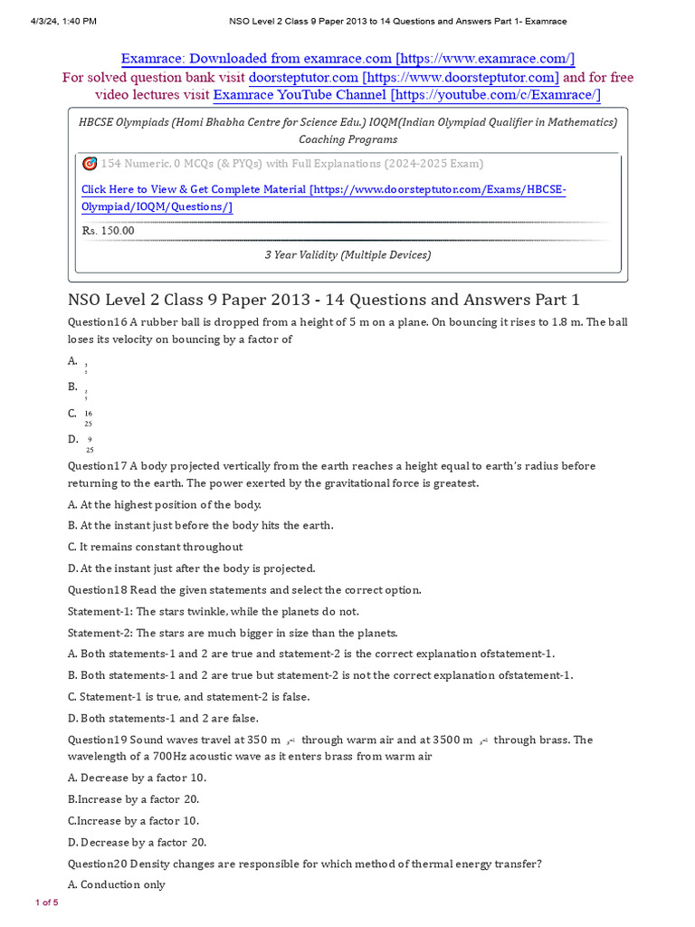 NSO Level 2 Class 9 Exam Q&A 2013-14 | PDF | Applied And ...