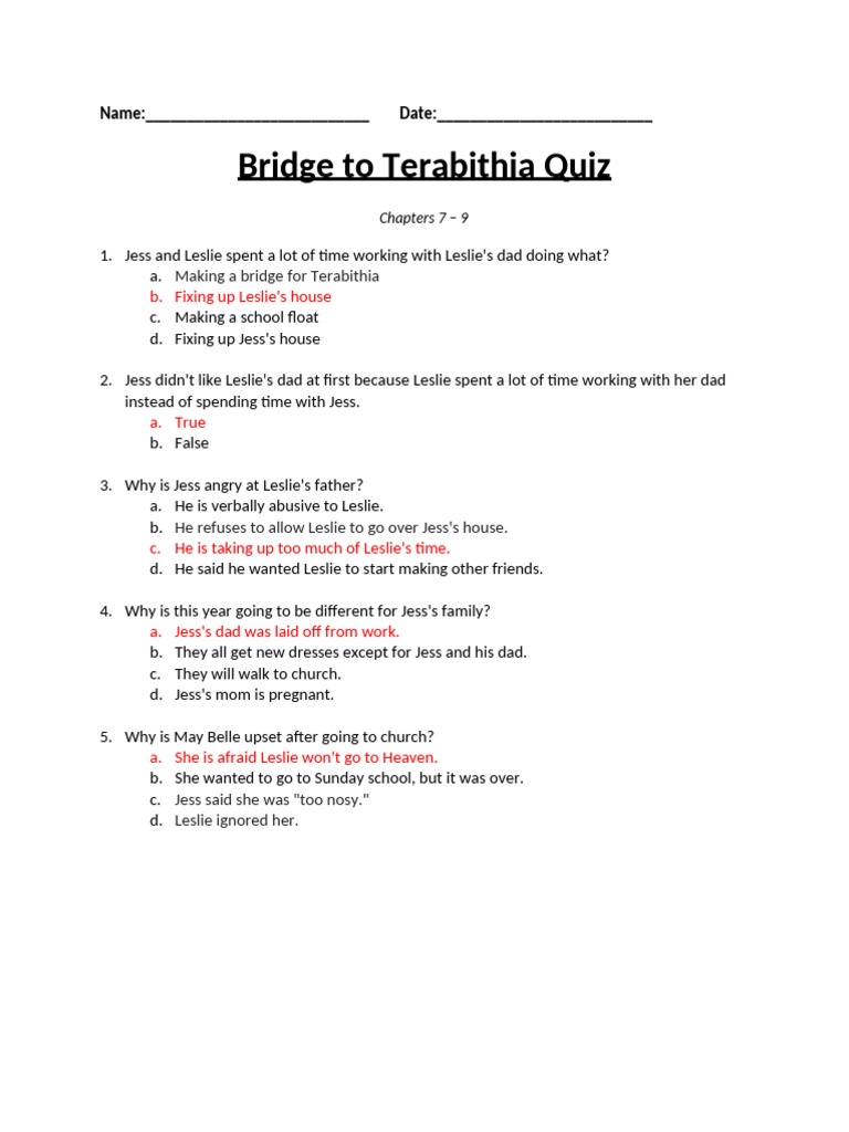 Bridge to Terabithia Quiz: Chapters 7-9 | PDF