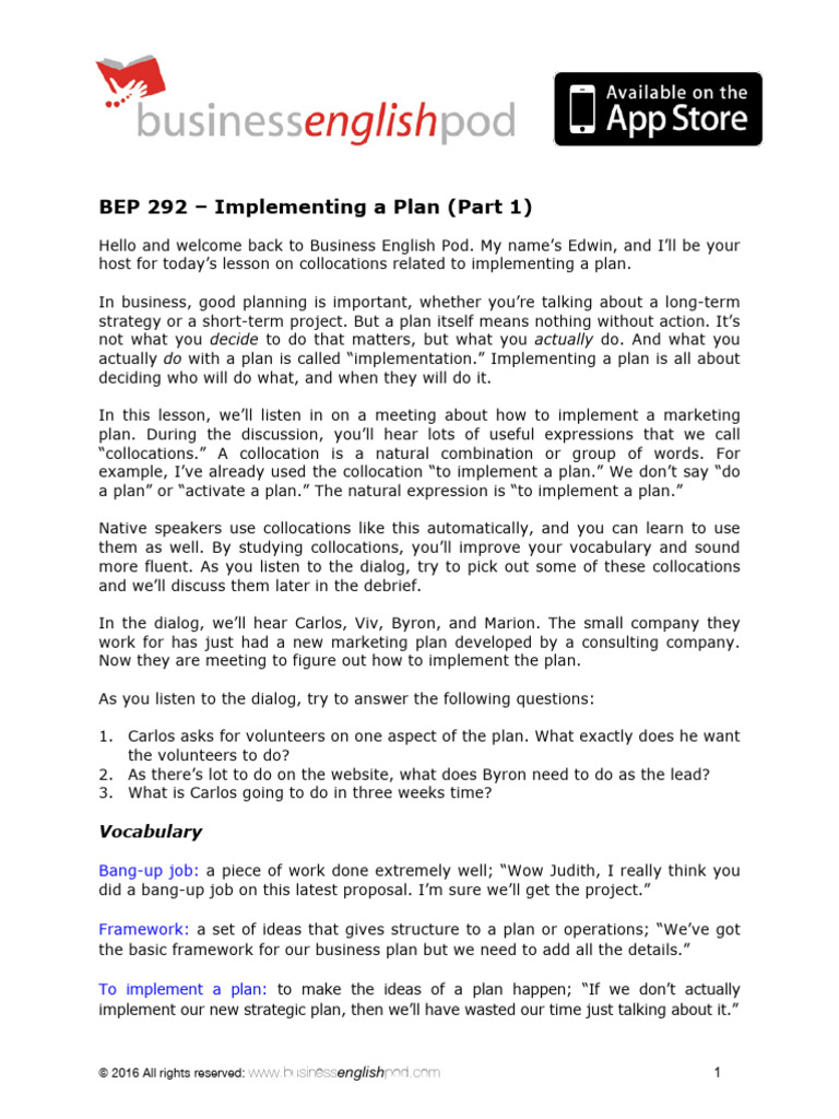 BEP292SN Implementing Plan1 | PDF | Grammatical Tense | Human Communication