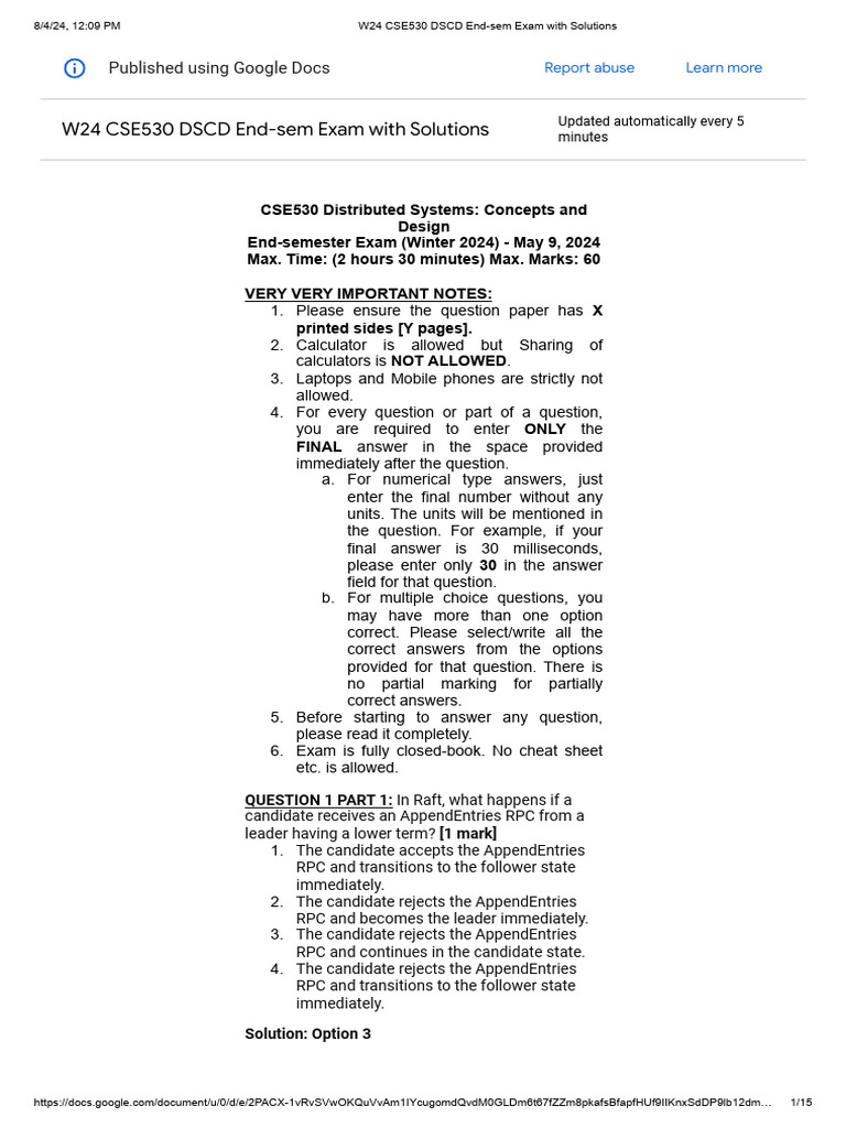 W24 CSE530 DSCD End-Sem Exam With Solutions | PDF | Computer Cluster | Computer Data Storage