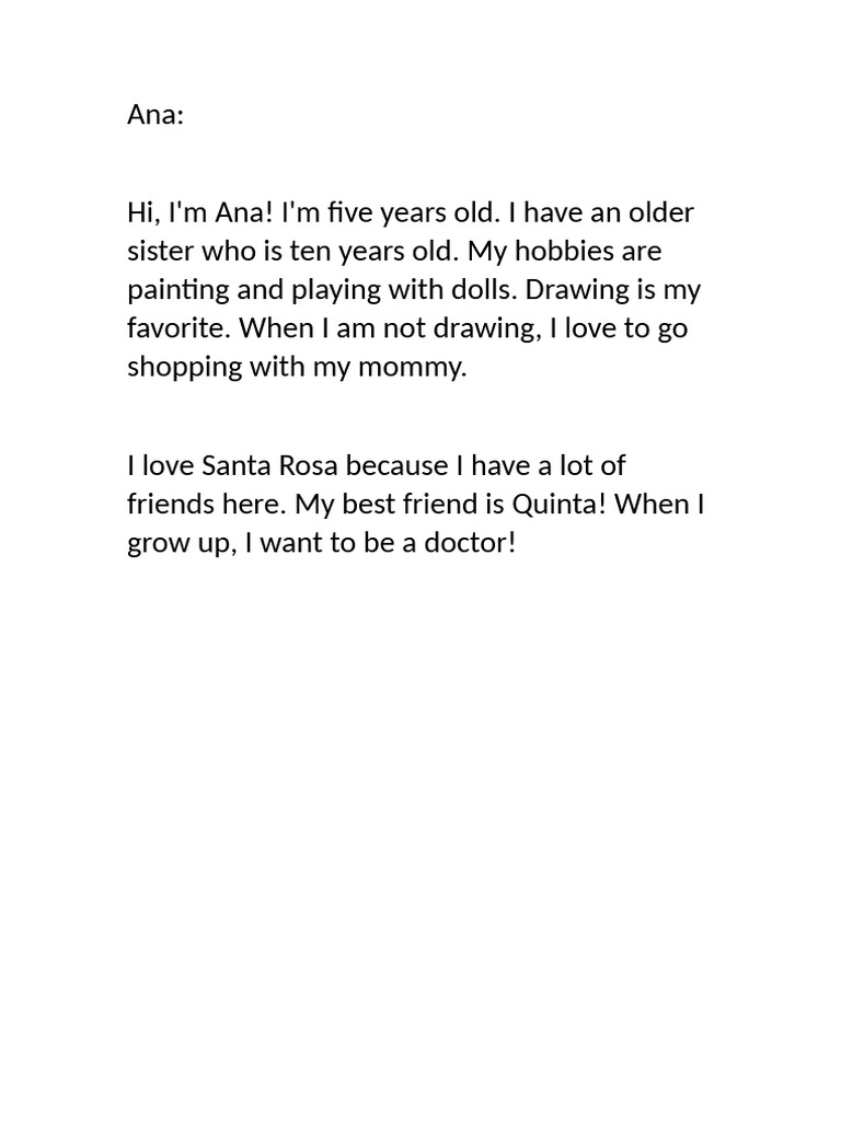 Ana's Hobbies and Dreams at Five | PDF