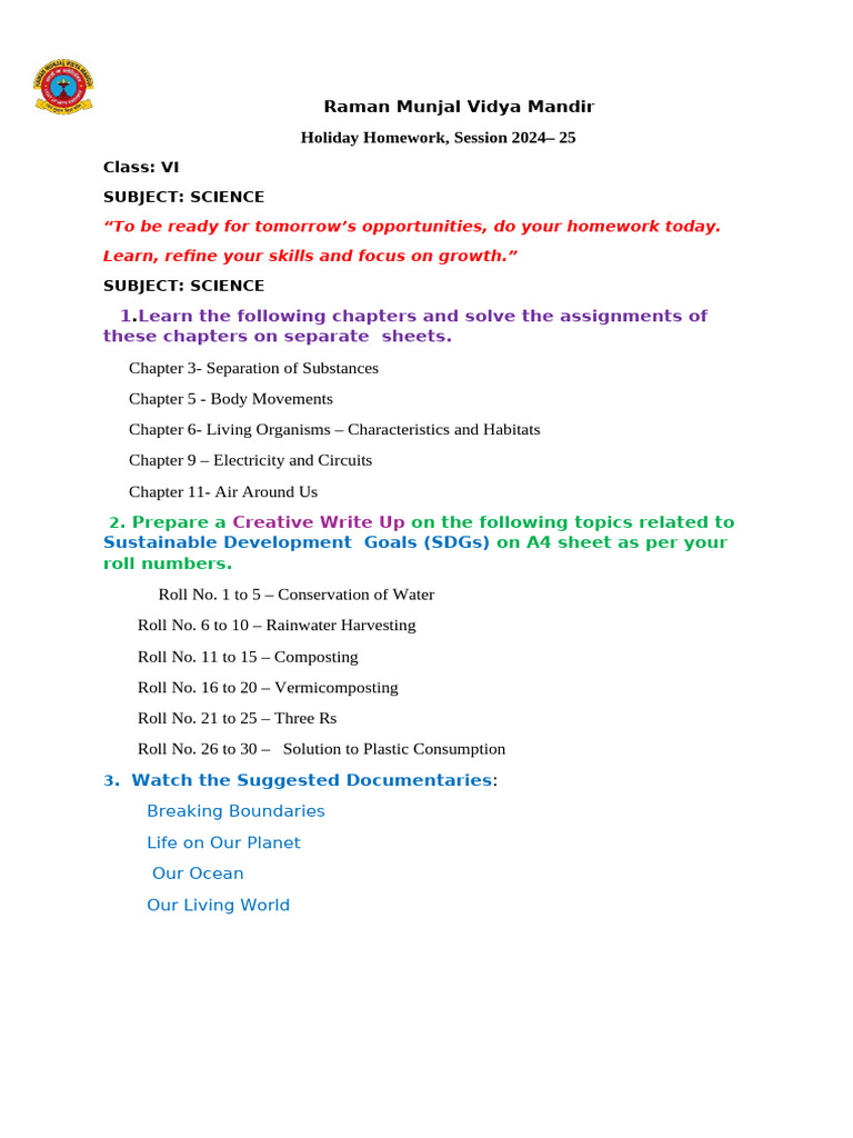 Class VI Holiday Homework 2024-25 | PDF