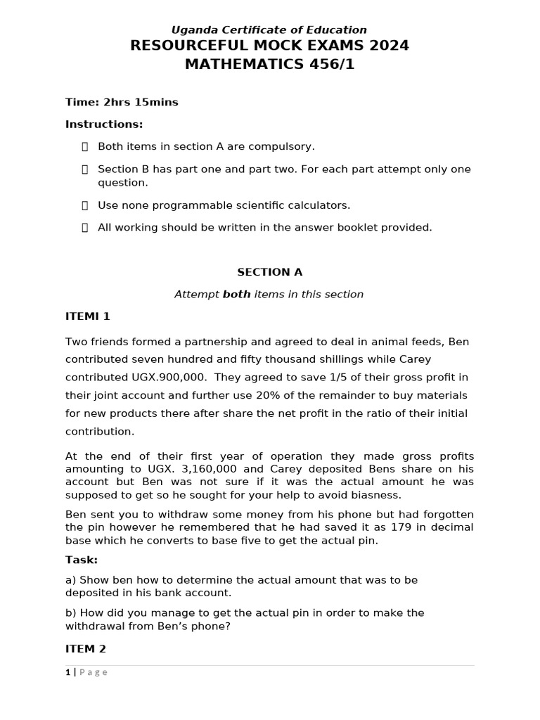Uganda Math Mock Exam 2024 | PDF | Economies