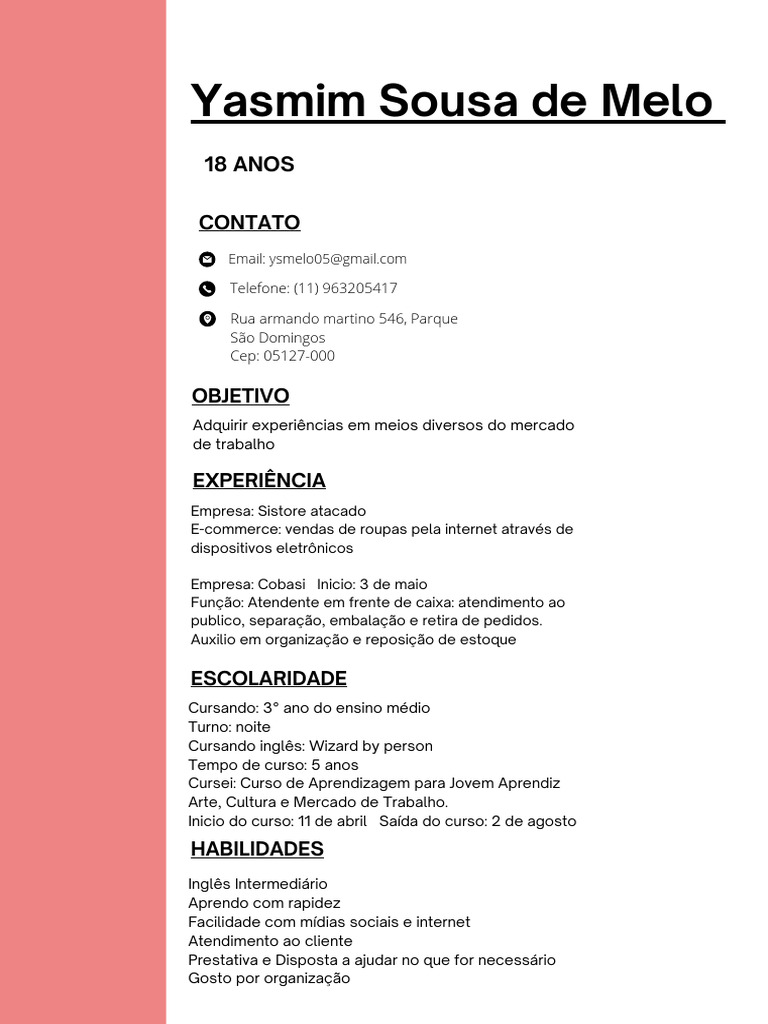 Currículo Yasmim Sousa | PDF