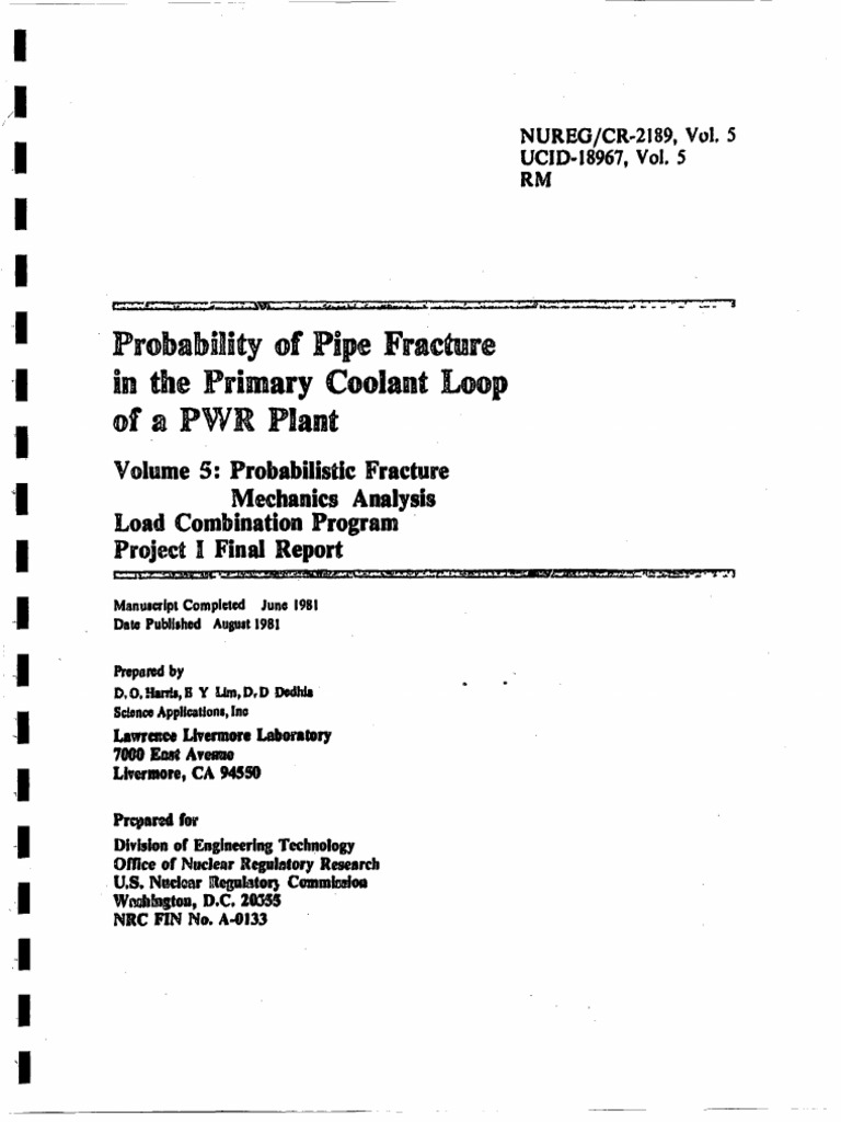 NUREG-CR-2189-Probability of Pipe Fracture in The Primary Coolant Loop of A PWR Plant | PDF ...