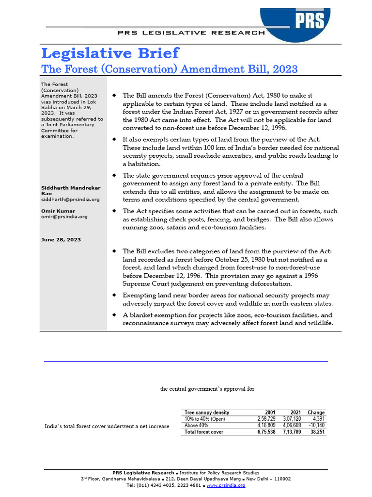 Legislative Brief Forest (Conservation) Amendment Bill 2023 | PDF | Natural Resource Management ...