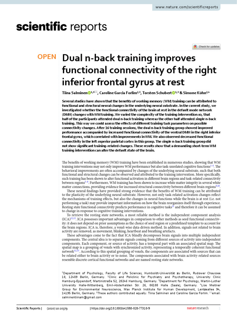 Dual n‑back training improves functional connectivity of the right ...