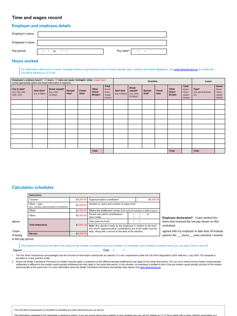 Weekly Time and Wages Record Template | PDF | Overtime | Employment