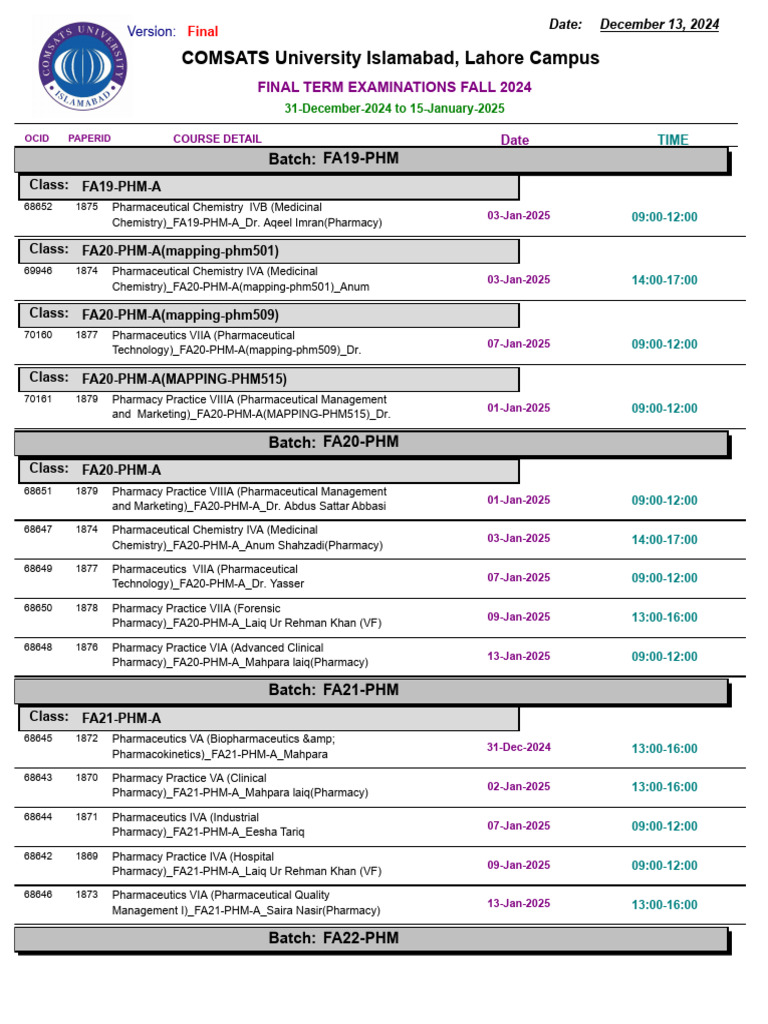 Final Date Sheet PHM - FA-24 | PDF | Pharmacy | Health Care