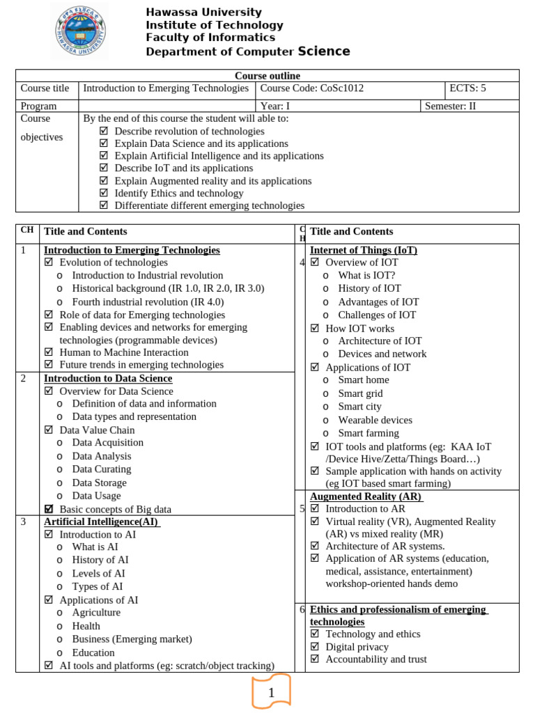 Emerging Tech Course Outline To Be Printed | PDF | Internet Of Things ...