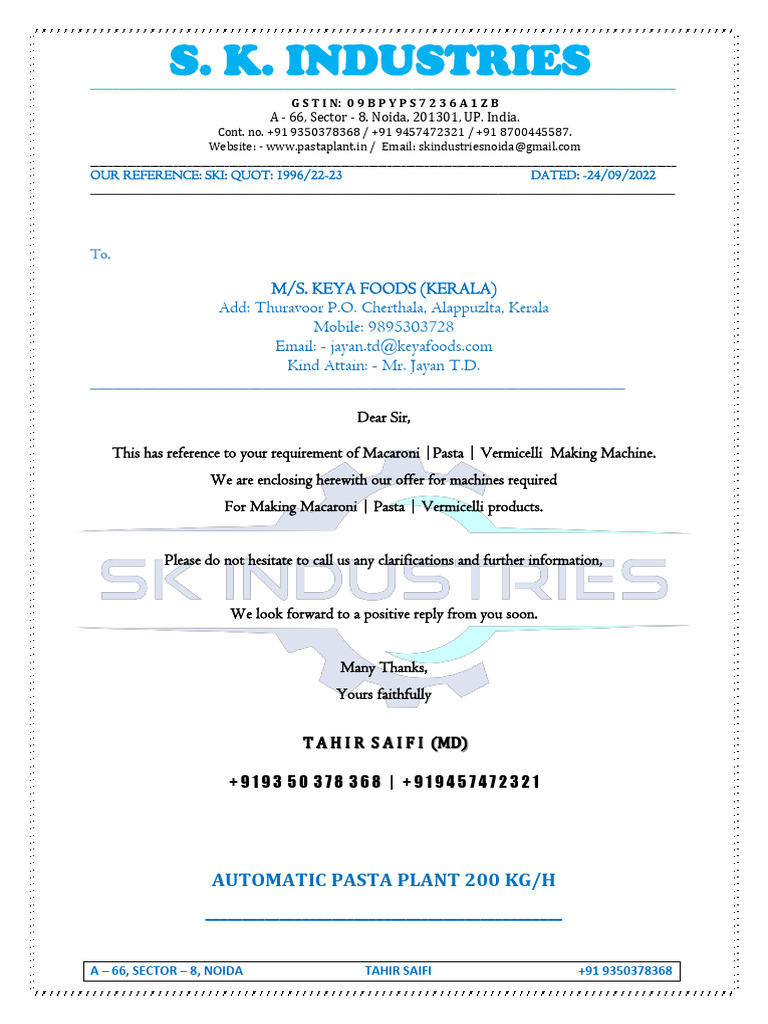 KEYA FOODS (KERALA) Pasta plant 200 kgh. auto with 3 dryer | PDF