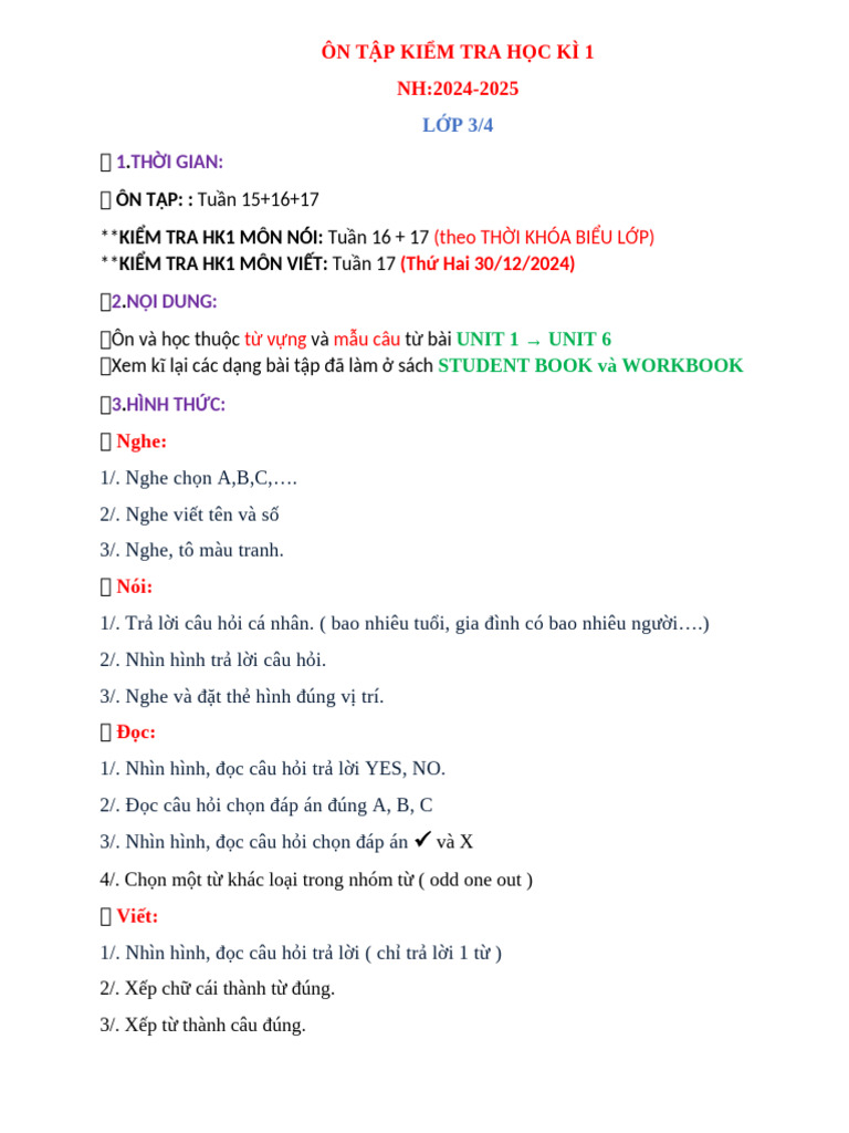 LỚP 3.4 NỘI DUNG VÀ HÌNH THỨC KIỂM TRA HK1 | PDF