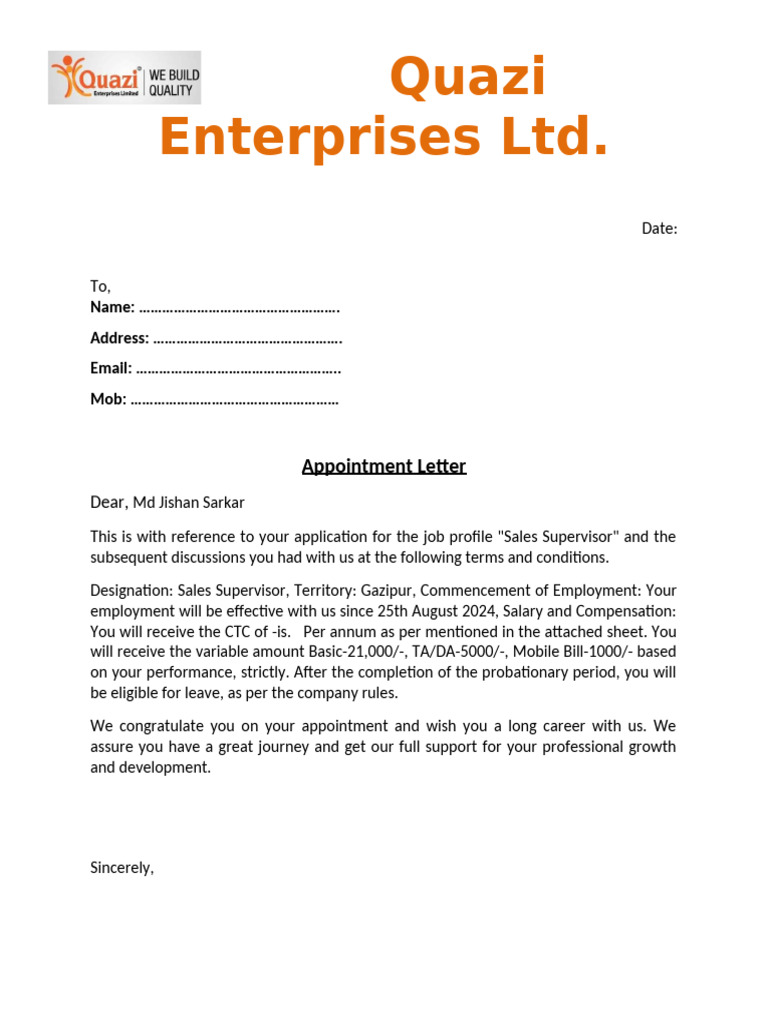 Appointment Letter for Sales Supervisor | PDF