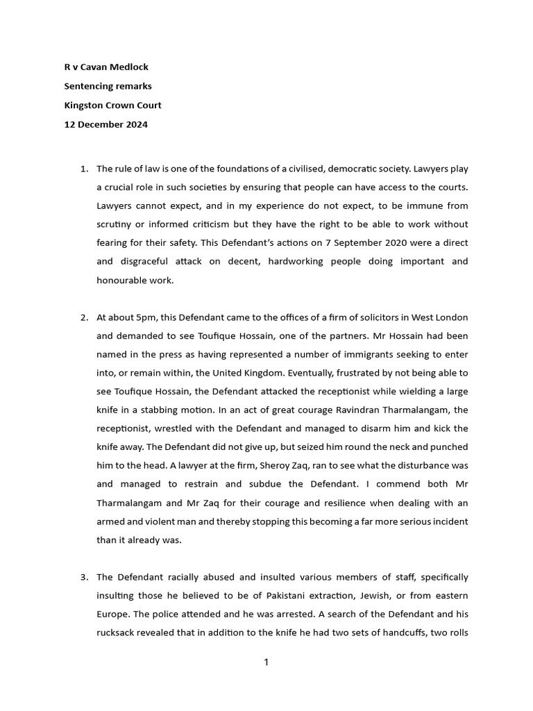 R V Cavan Medlock Sentencing Remarks 12.12.24 | PDF | Mental Disorder ...