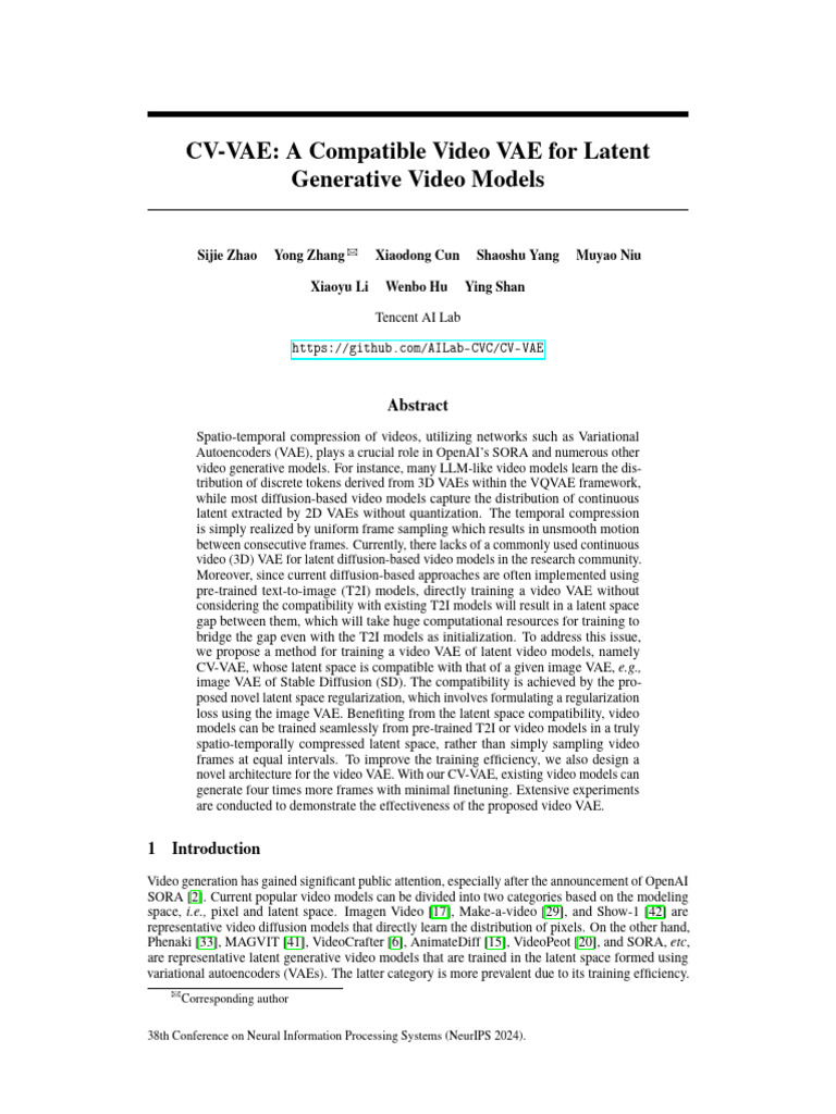 CV-VAE- A Compatible Video VAE for Latent Generative Video Models | PDF ...