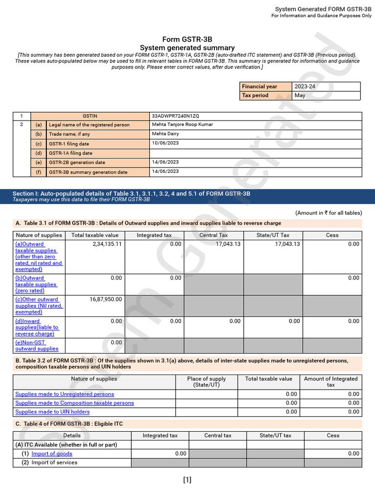GSTR-3B Summary for May 2023-24 | PDF | Taxes | Debits And Credits