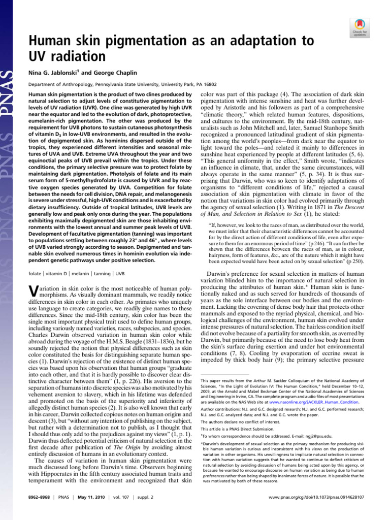 Skin Pigmentation and UV Adaptation | PDF | Human Skin Color | Ultraviolet