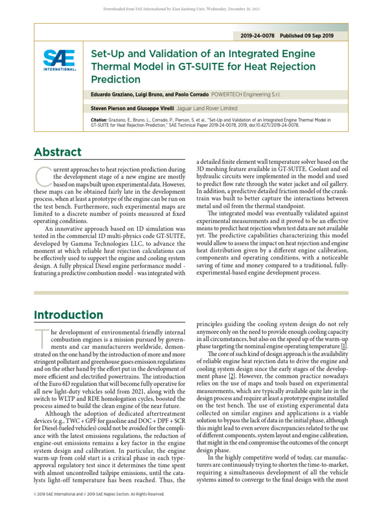 Set-Up and Validation of An Integrated Engine Thermal Model | PDF