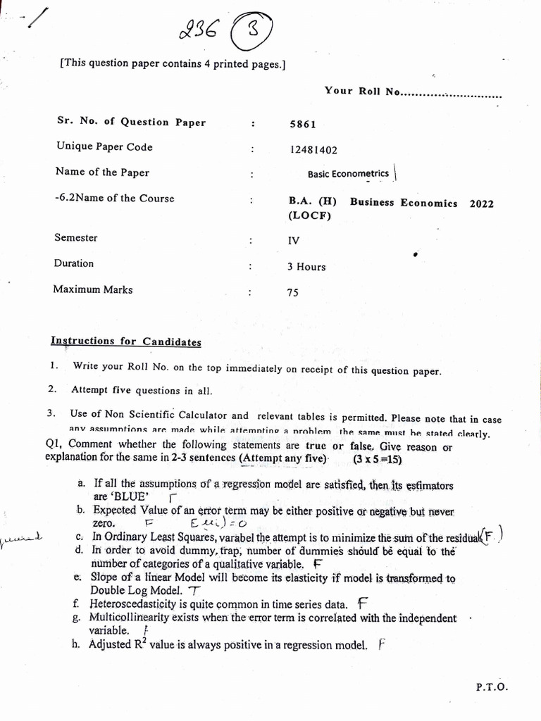 Econometrics Question Paper 2022 | PDF