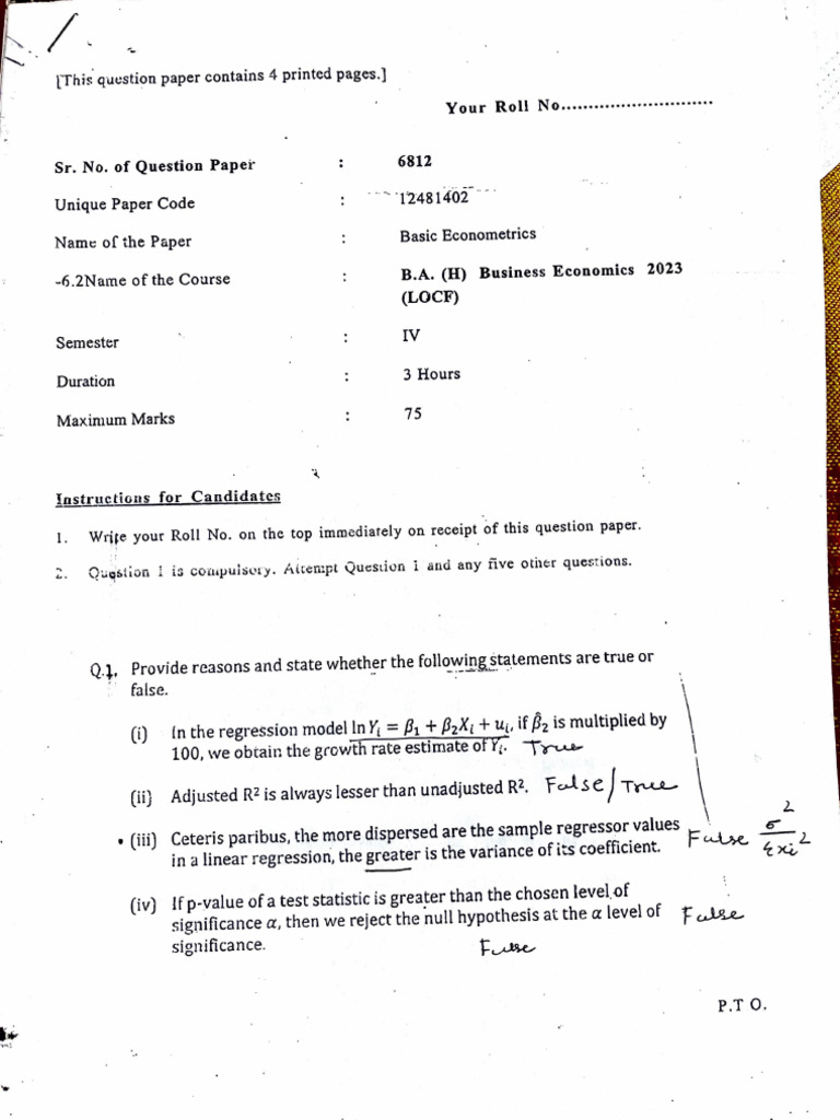 Basic Econometrics Question Paper 2023 | PDF | Multicollinearity ...