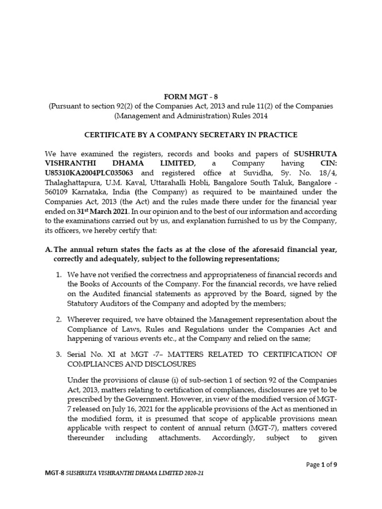 MGT_8_Suvidha_2020_21 | PDF | Securities (Finance) | Share (Finance)