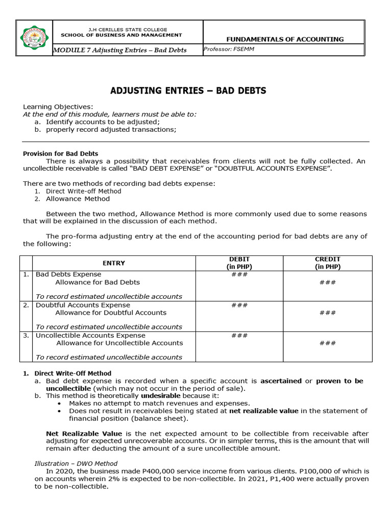 Module 7 Adjusting Entries Bad Debts | PDF | Bad Debt | Debits And Credits