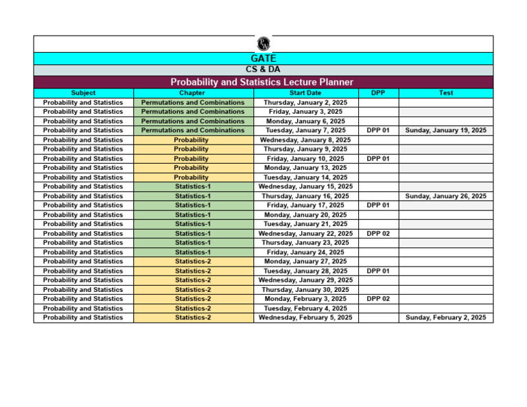 Lecture Planner - Probability and Statistics | PDF