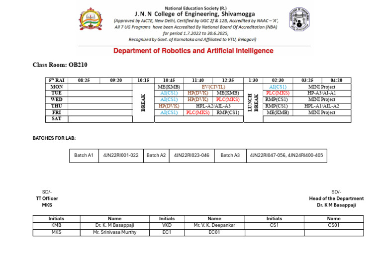 Weekly Class Schedule for OB210 | PDF