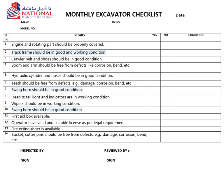 Excavator Checklist | PDF