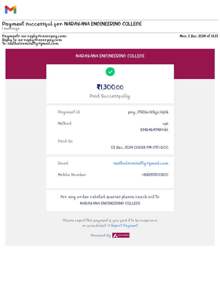 Gmail - Payment Successful For NARAYANA ENGINEERING COLLEGE | PDF