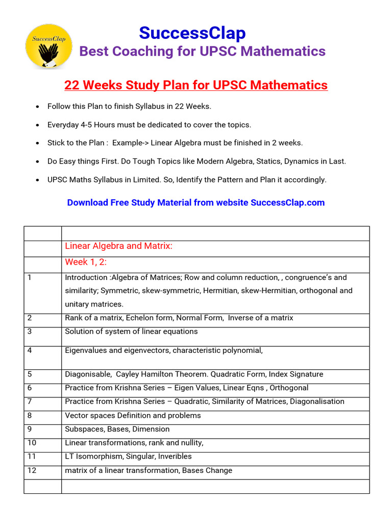 UPSC Mathematics 22-Week Study Plan | PDF | Matrix (Mathematics ...