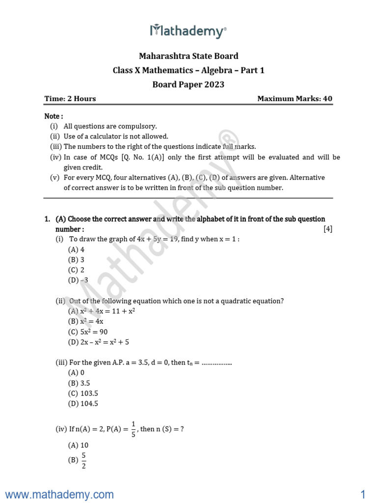 Maharashtra SSC 2023 Algebra Paper | PDF | Algebra | Mathematics