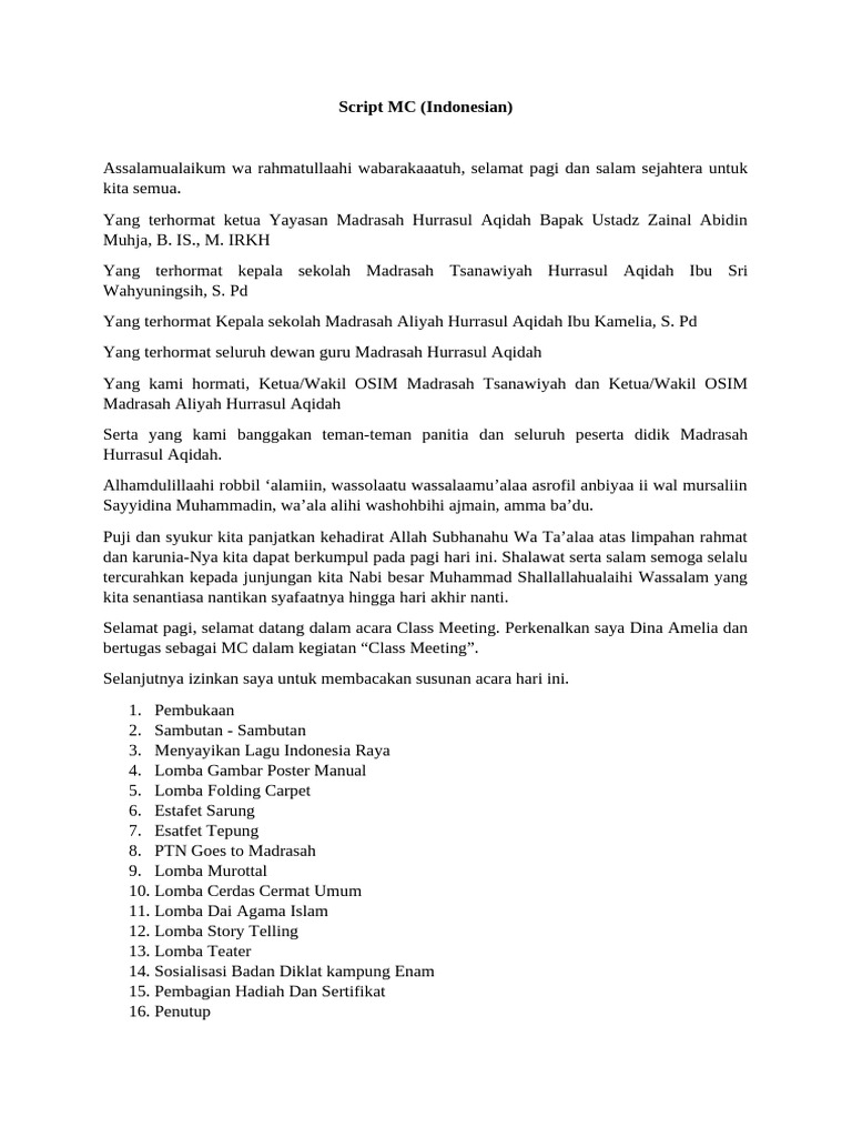 MC bahasa indonesia Class Meeting | PDF