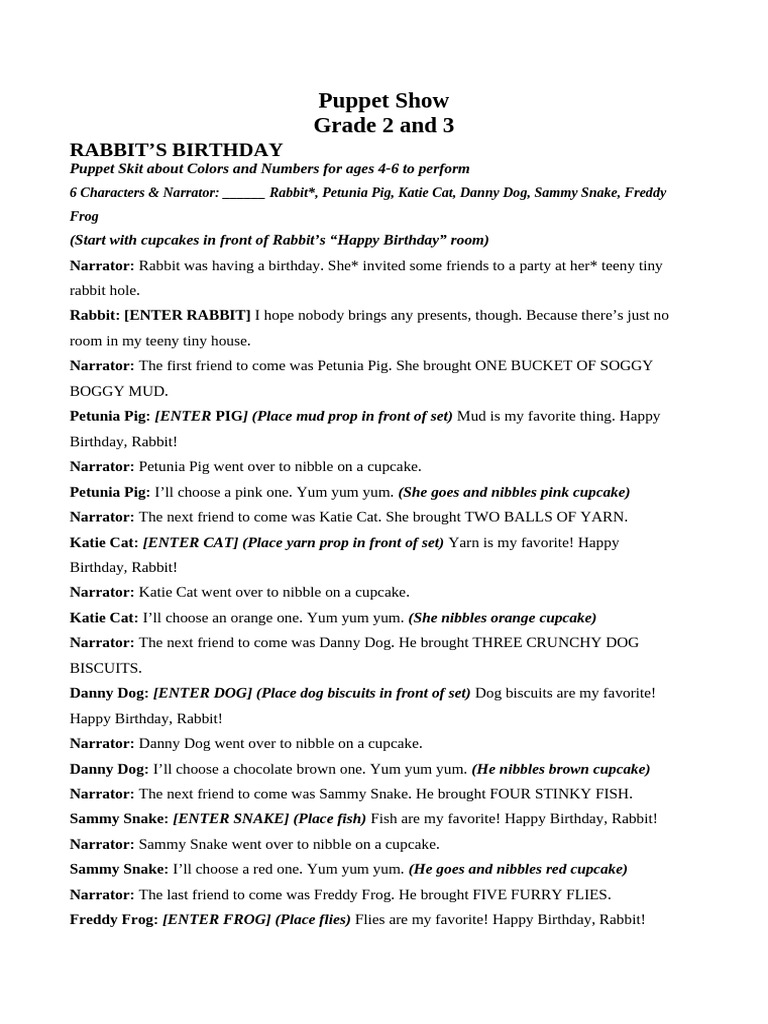 Rabbit's Birthday Puppet Skit for Kids | PDF