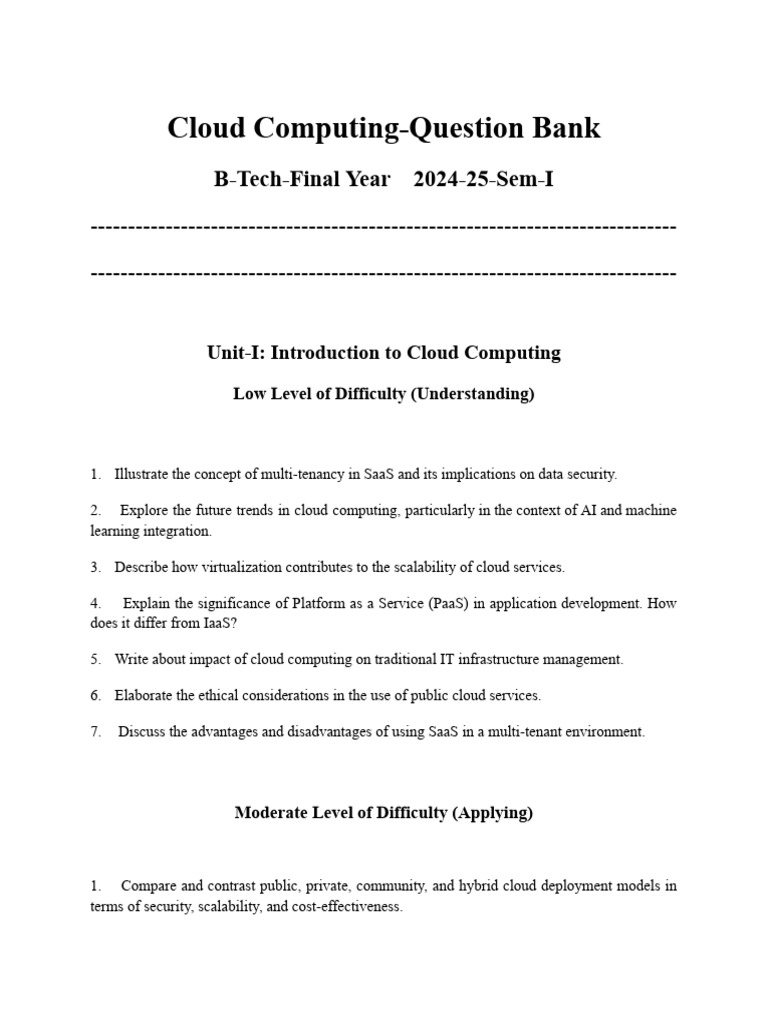 Cloud Computing Question Bank-2024-25-Sem-1 | PDF | Cloud Computing | Databases