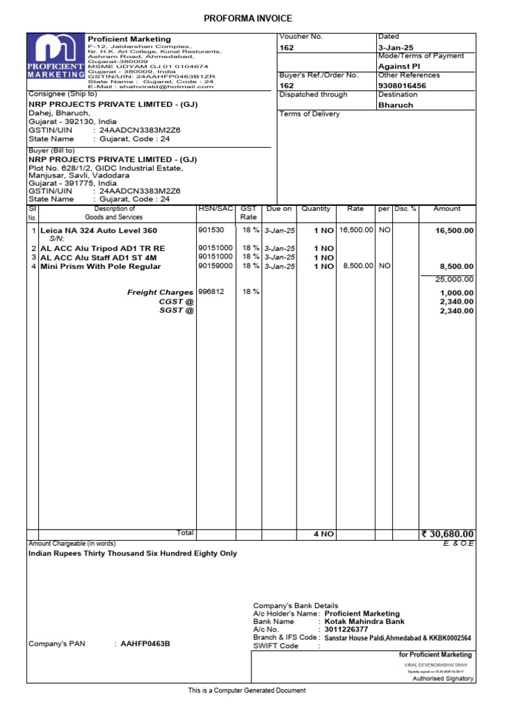 Profoma Invoice No.162 - NRP Projects Private Limited - (GJ) | PDF ...