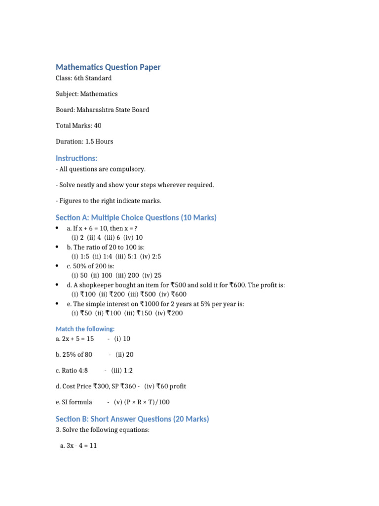 Class_6_Maths_Question_Paper | PDF