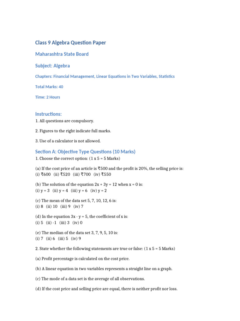 Class_9_Algebra_Question_Paper | PDF