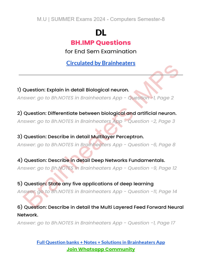 DL Comps Sem8 Final Exam IMPs 2 | PDF | Learning | Algorithms