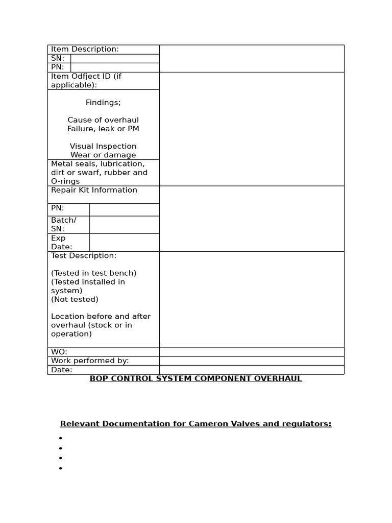 BOP Control System Overhaul Sheet | PDF
