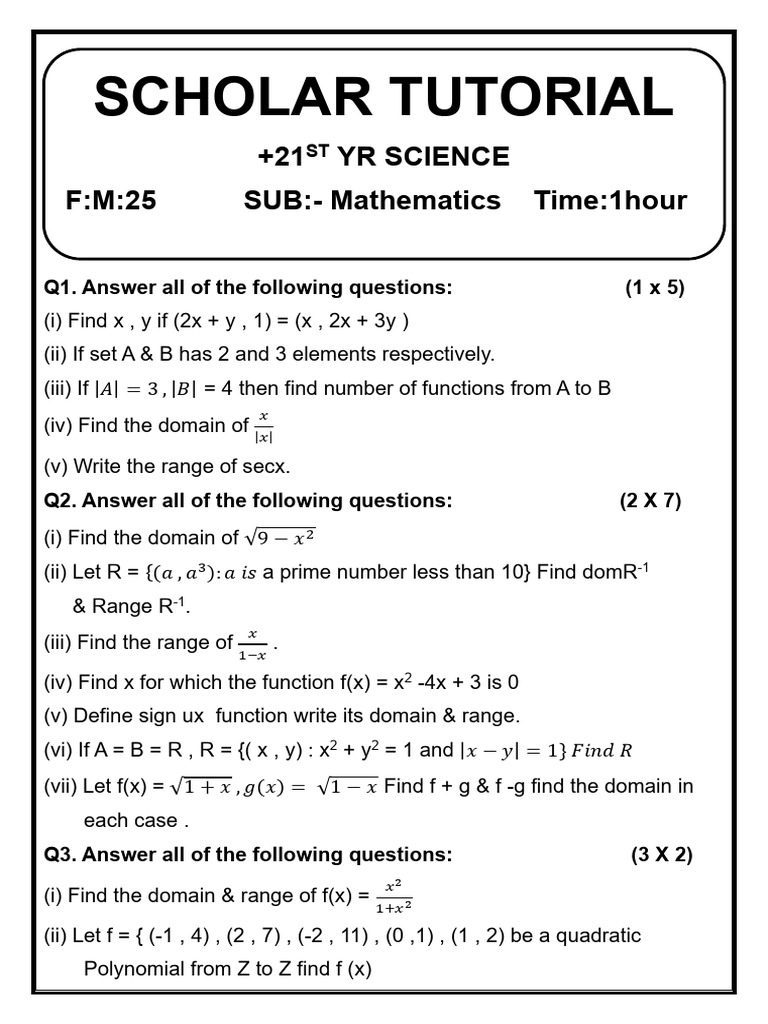Mathematics Function And Domain Questions Pdf Function Mathematics 9939