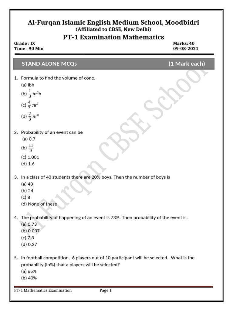 9th Mathematics PT-1 | PDF | Odds | Mathematics