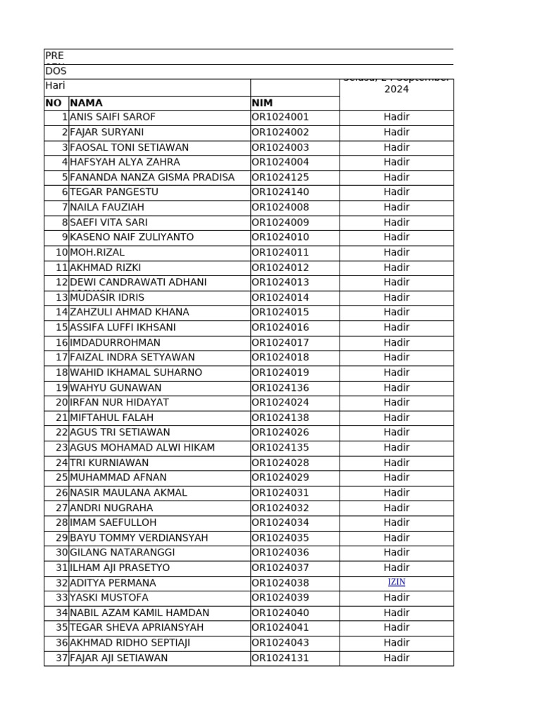 PRESENSI_OR11A_PAK_ERICK 2 | PDF