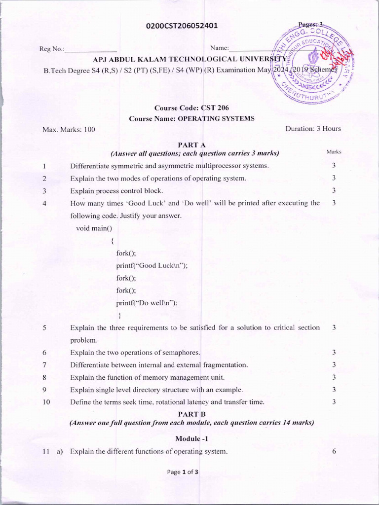 Cst206 Operating System May 2024 | PDF