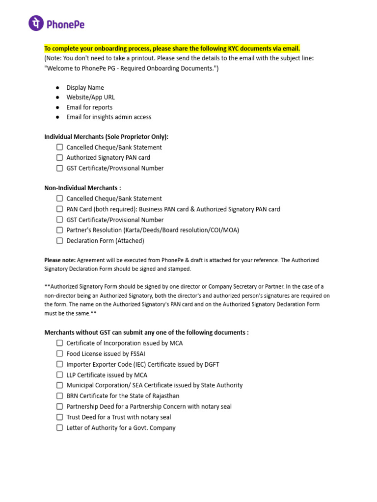 PhonePe PG - Onboarding Documents | PDF